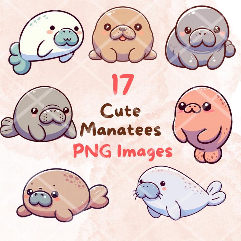 Kawaii Manatee Clipart Bundle, 17 Cute Cartoon PNG Stickers (digital ...