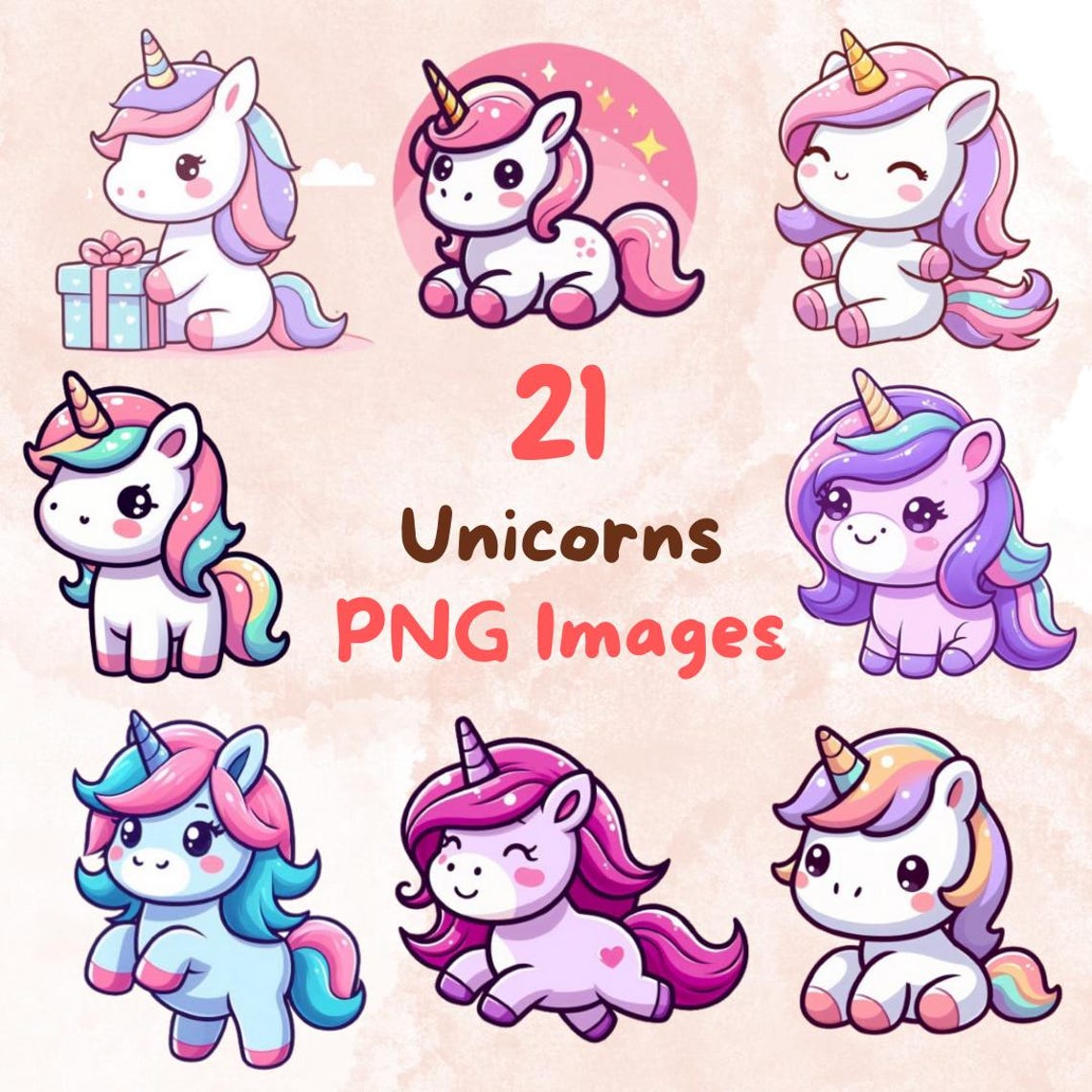 Kawaii Magic Unicorn Bundle, 21pcs PNG Clipart, Transparent Background ...