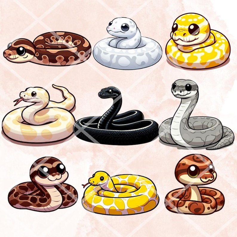 Kawaii Cute Ball Python Snakes Clipart Bundle, 32 PNG Clipart ...