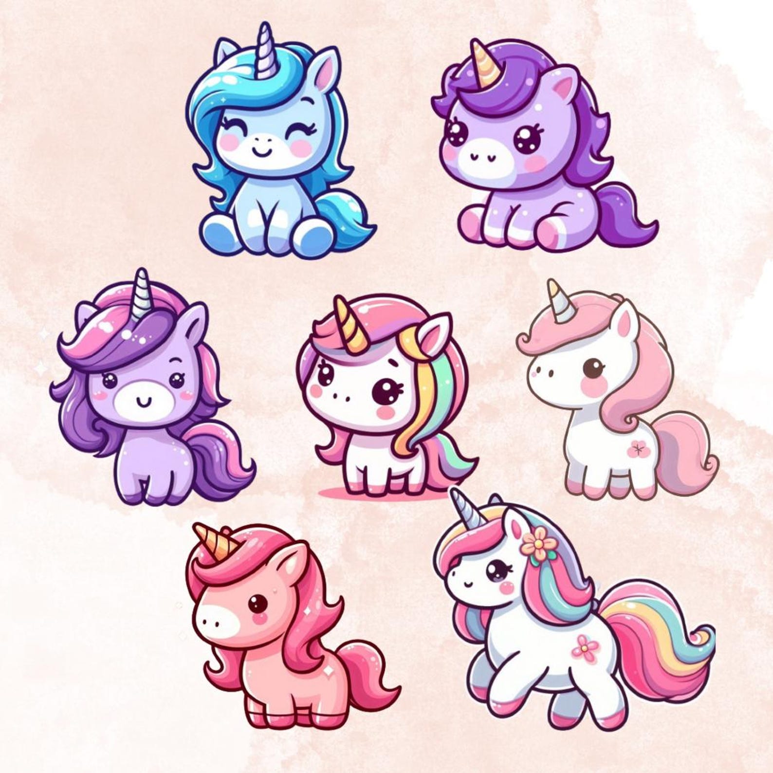 Kawaii Magic Unicorn Bundle, 21pcs PNG Clipart, Transparent Background ...