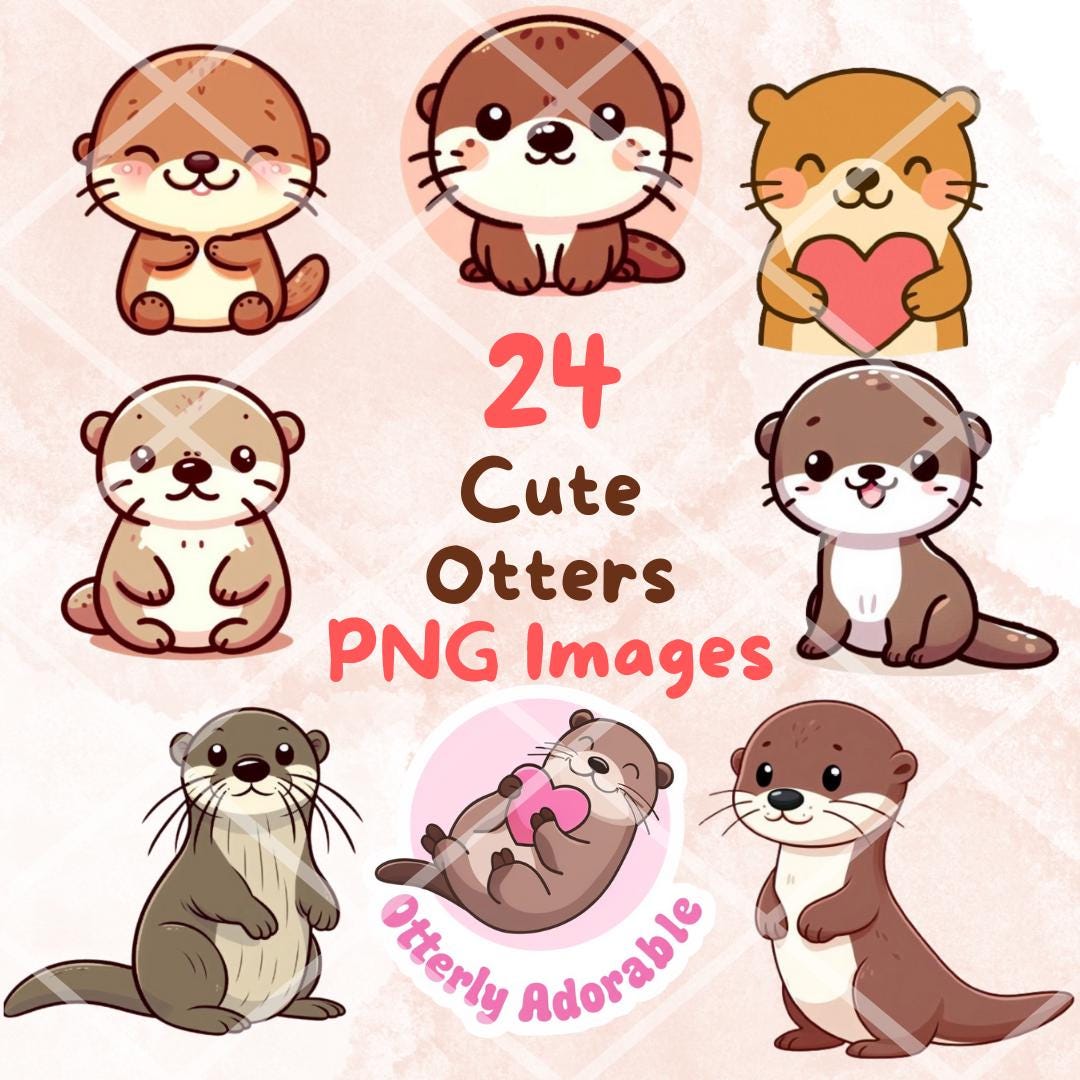Kawaii Cute Otters Bundle, 24 PNG Clipart, Transparent Background, Cute ...