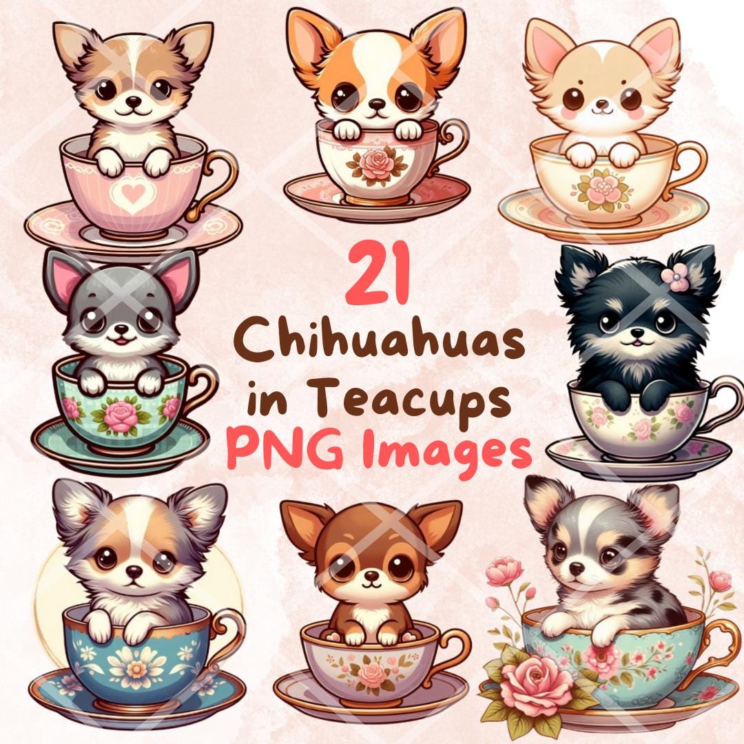 Kawaii Chihuahua Teacups Clipart: 21 PNG Digital Art Stickers (digital ...