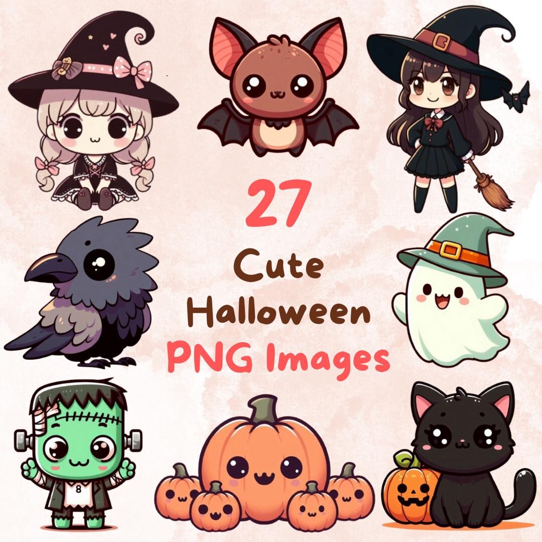Kawaii Spooky Halloween Bundle, 27pcs PNG Clipart, Transparent ...