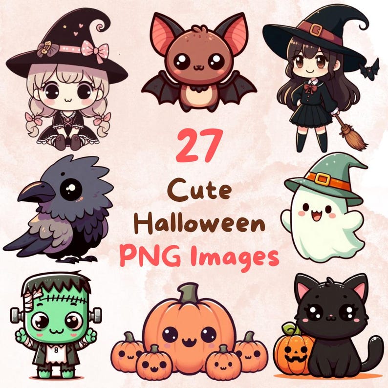 Kawaii Spooky Halloween Bundle, 27pcs PNG Clipart, Transparent ...