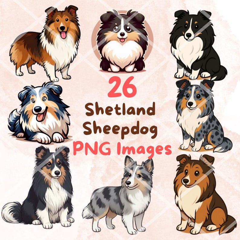 Kawaii Shetland Sheepdog Clipart Bundle 2: 26 Cartoon Sheltie Puppy PNG ...