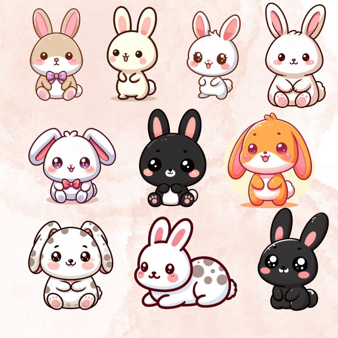 Kawaii Bunny Bundle, 21pcs PNG Clipart, Transparent Background, Cute ...