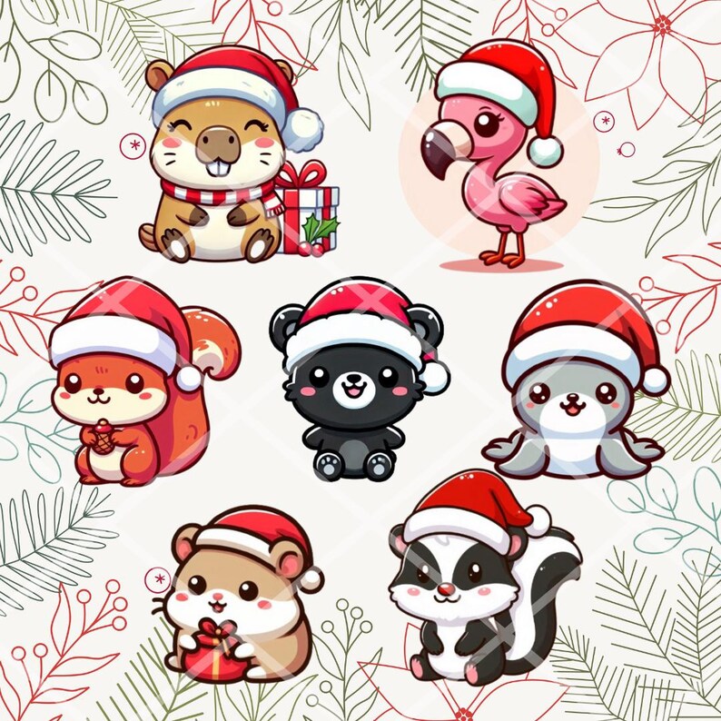 Kawaii Christmas Animals Clipart: Santa Hats PNG Bundle 2 (30pcs) - Etsy