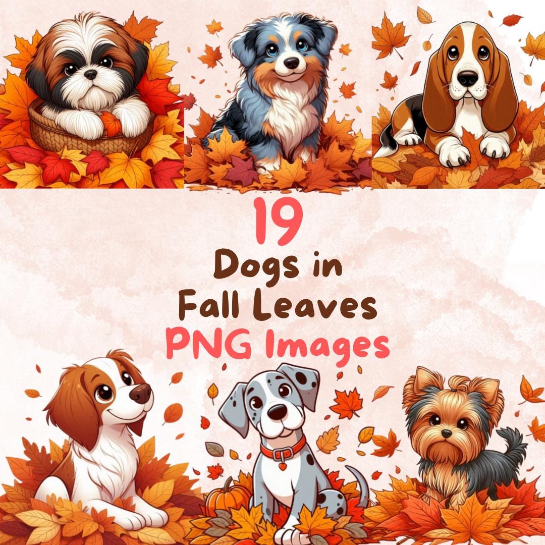 Kawaii Cute Dogs in Fall Leaves Bundle 1, 19 PNG Clipart, Transparent ...