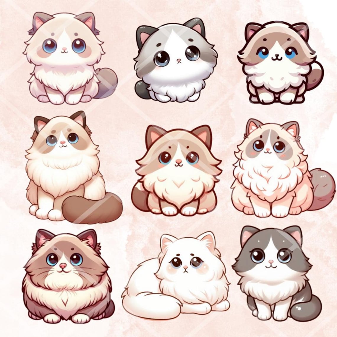 Kawaii Ragdoll Cats Bundle, 25pcs PNG Clipart, Transparent Background ...
