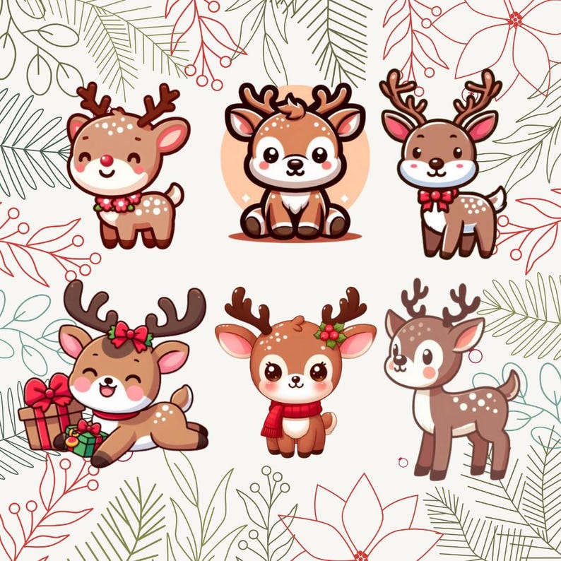 Kawaii Cute Christmas Reindeer, 19pcs PNG Clipart, Transparent ...