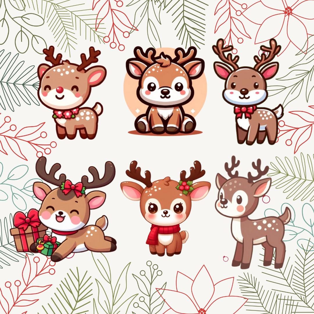 Kawaii Cute Christmas Reindeer, 19pcs PNG Clipart, Transparent ...