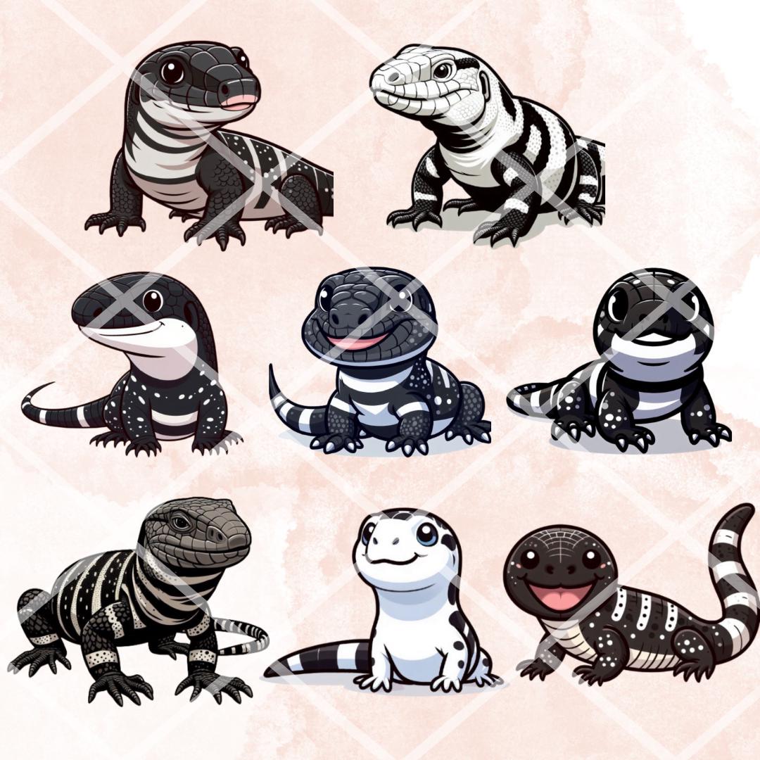 Kawaii Cute Argentine Black & White Tegu Clipart Bundle, 27 PNG Clipart ...