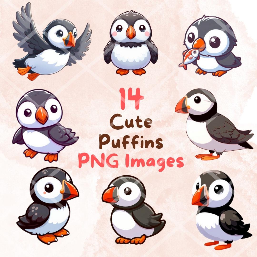 Kawaii Cute Puffin Bird Bundle, 14pcs PNG Clipart, Transparent ...