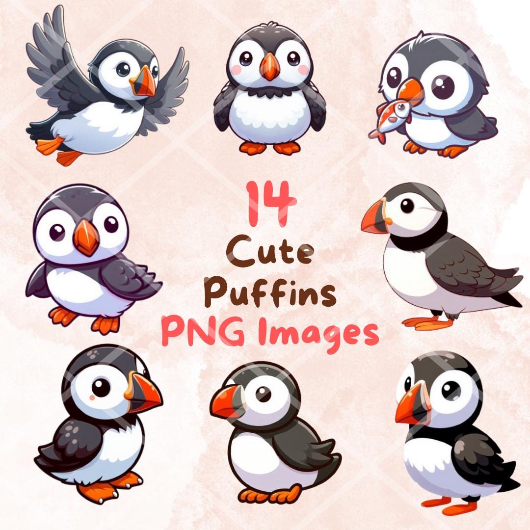 Kawaii Cute Puffin Bird Bundle, 14pcs PNG Clipart, Transparent ...