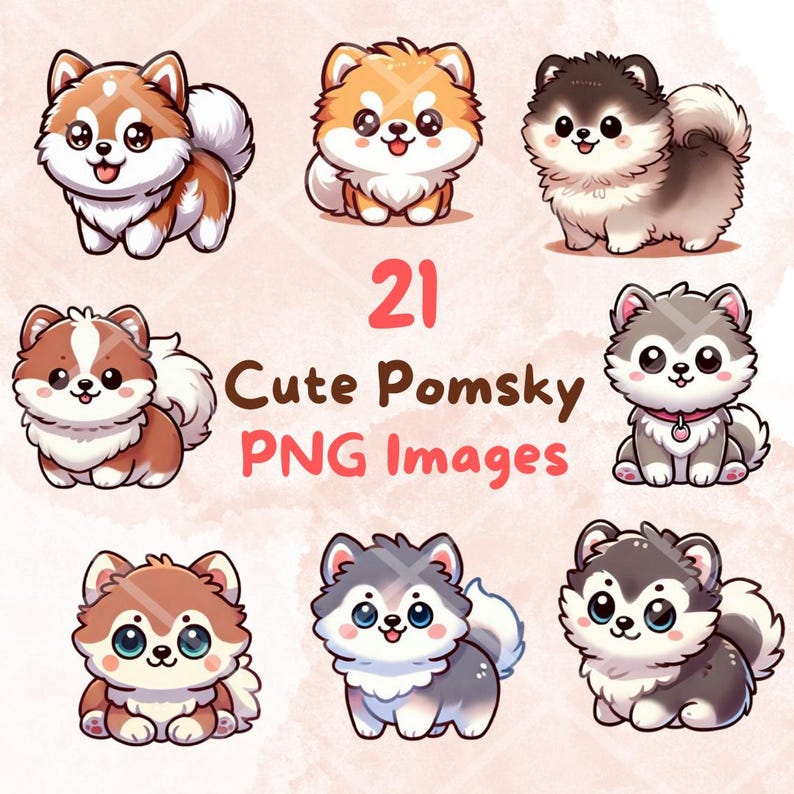 Kawaii Cute Pomsky Dog Bundle, 21pcs PNG Clipart, Transparent ...