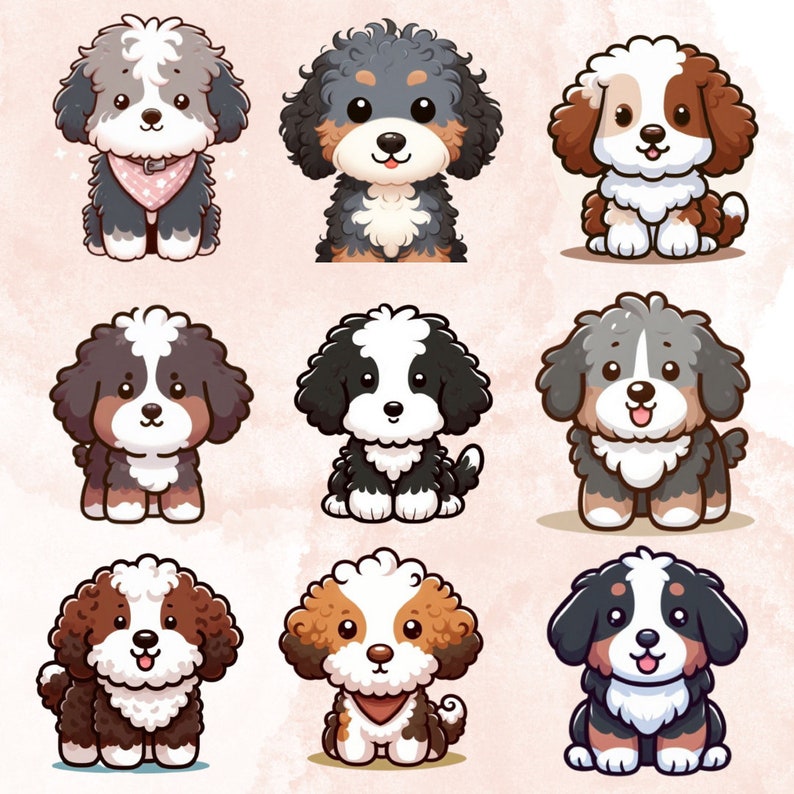 Kawaii Bernedoodle Clipart, 28 PNG Cartoon Dog Stickers (digital ...