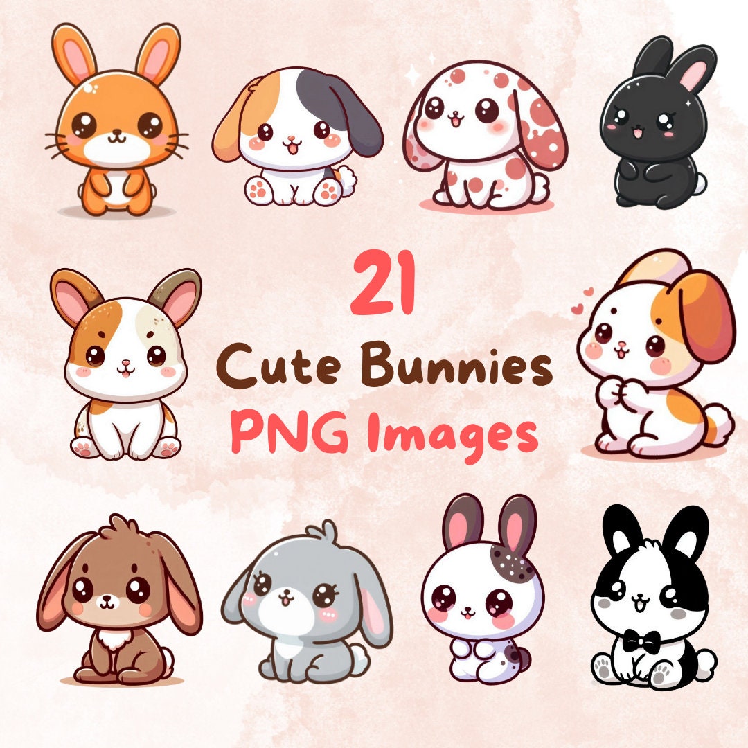 Kawaii Bunny Bundle, 21pcs PNG Clipart, Transparent Background, Cute ...