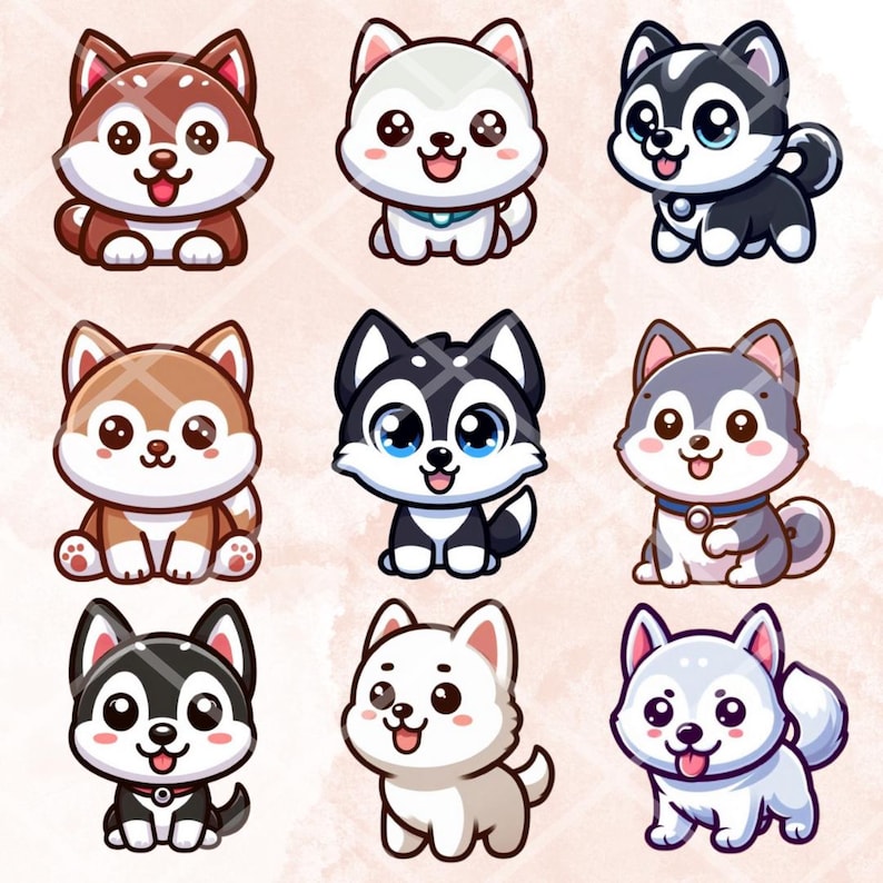 Kawaii Huskies Dog Bundle, 26 PNG Clipart, Cartoon Puppy Digital Art ...
