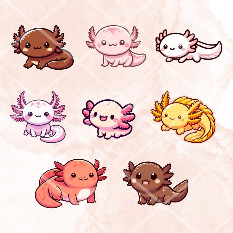 Kawaii Colorful Axolotl Bundle, 31pcs PNG Clipart, Transparent ...