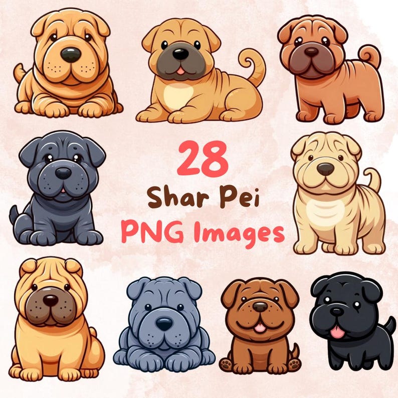Kawaii Cute Chinese Shar-pei Dog Bundle, 28pcs PNG Clipart, Transparent ...