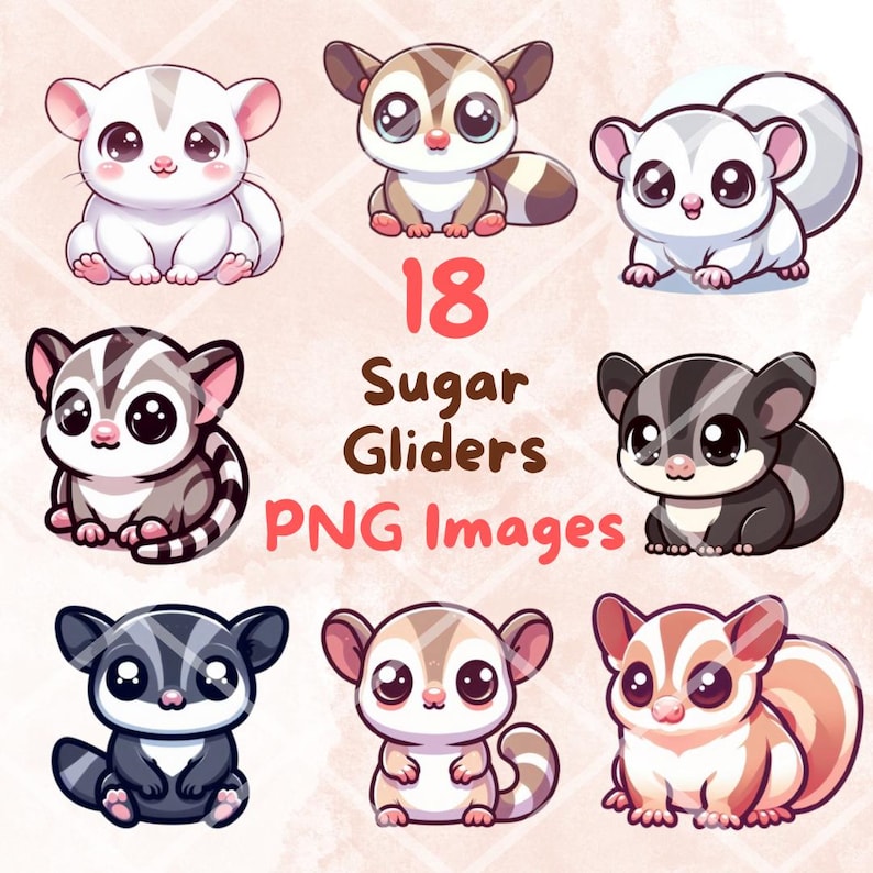 Kawaii Cute Sugar Glider Clipart Bundle, 18 PNG Clipart, Transparent ...