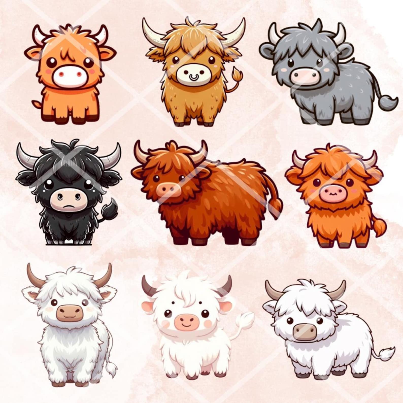 Kawaii Cute Highland Cows Bundle, 32 PNG Clipart, Transparent ...