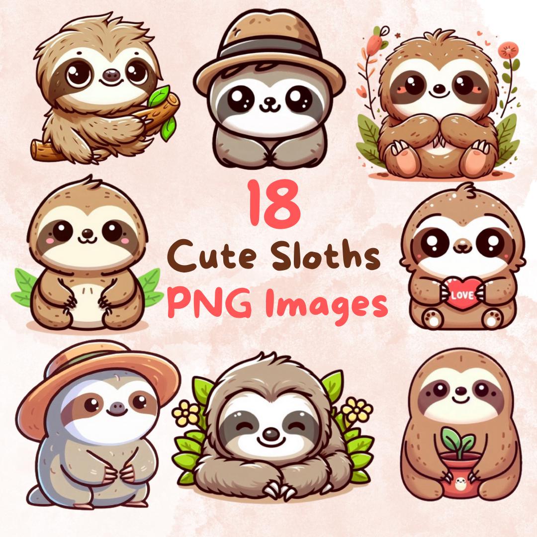 Kawaii Sloth Clipart Bundle, Cute Cartoon Animal PNG Images (18pcs ...