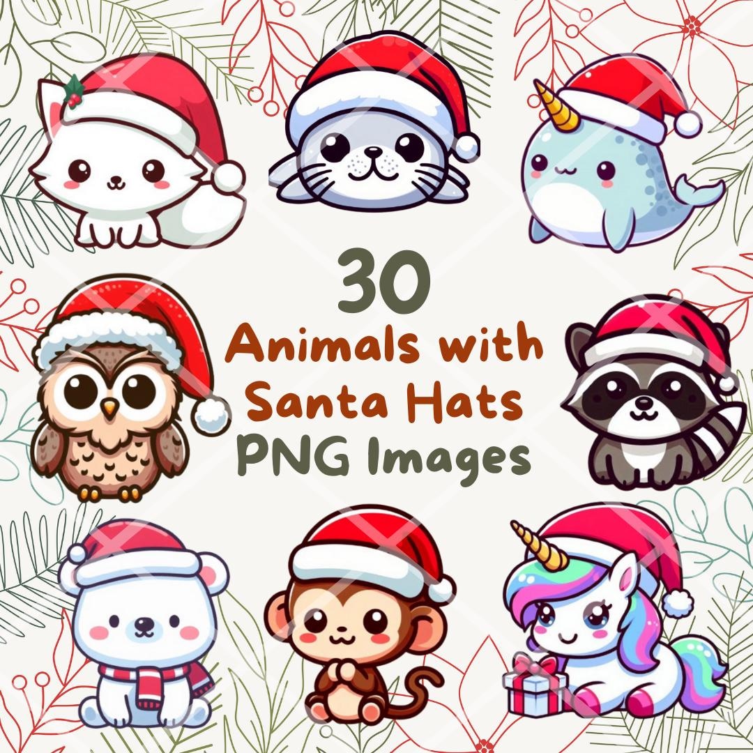Kawaii Christmas Animals Clipart: Santa Hats PNG Bundle 2 (30pcs) - Etsy
