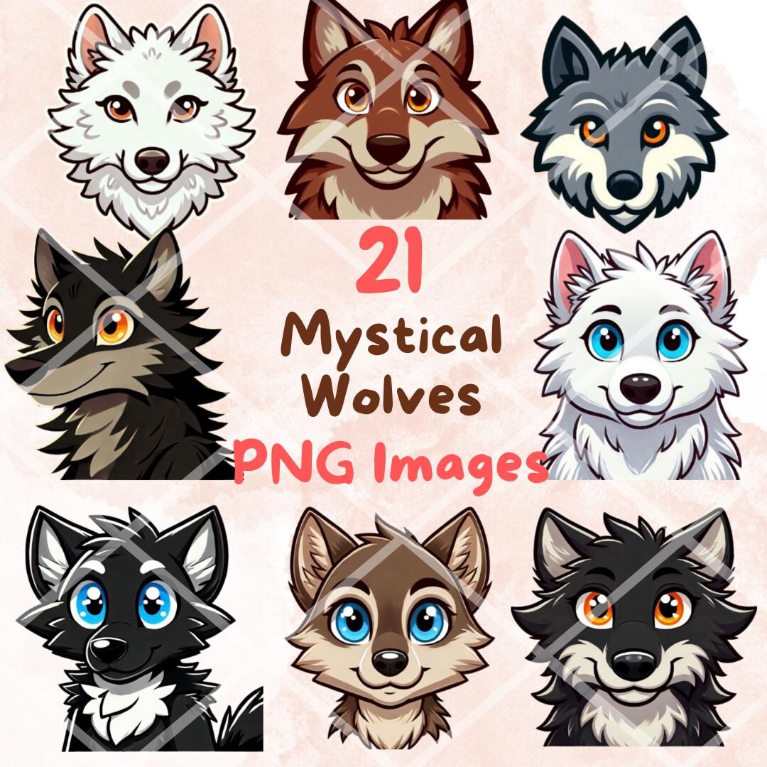 Kawaii Cute Mystical Wolves Bundle #1, 21pcs PNG Clipart, Transparent ...