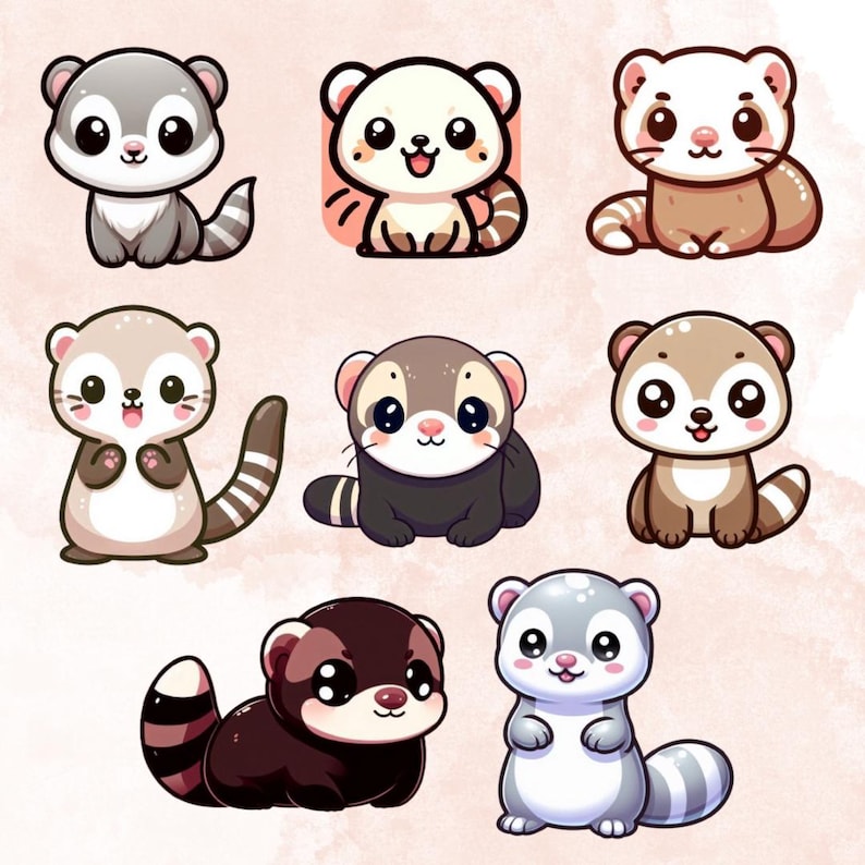 Kawaii Cute Ferrets Bundle, 26pcs PNG Clipart, Transparent Background ...