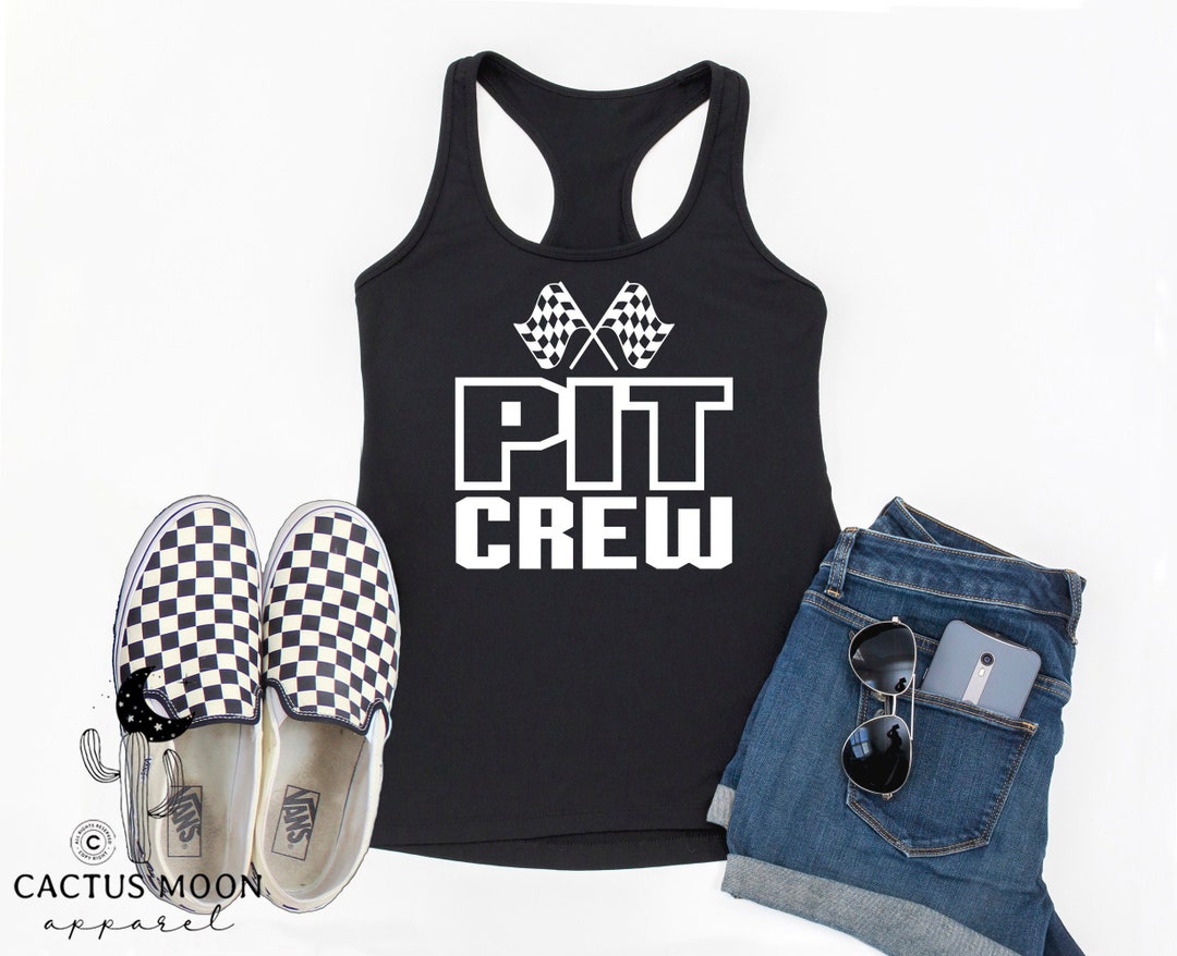 Ladies Pit Crew With Checkered Flags Racerback Tank Top, Scoopneck Shirt, V-neck Shirt, or ...
