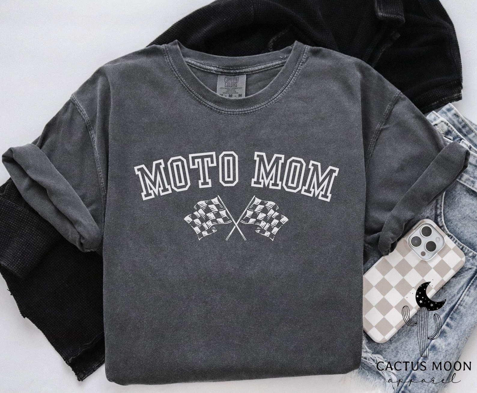 Moto Mom With Checkered Flags Adult Unisex Garment-dyed T-shirt ...