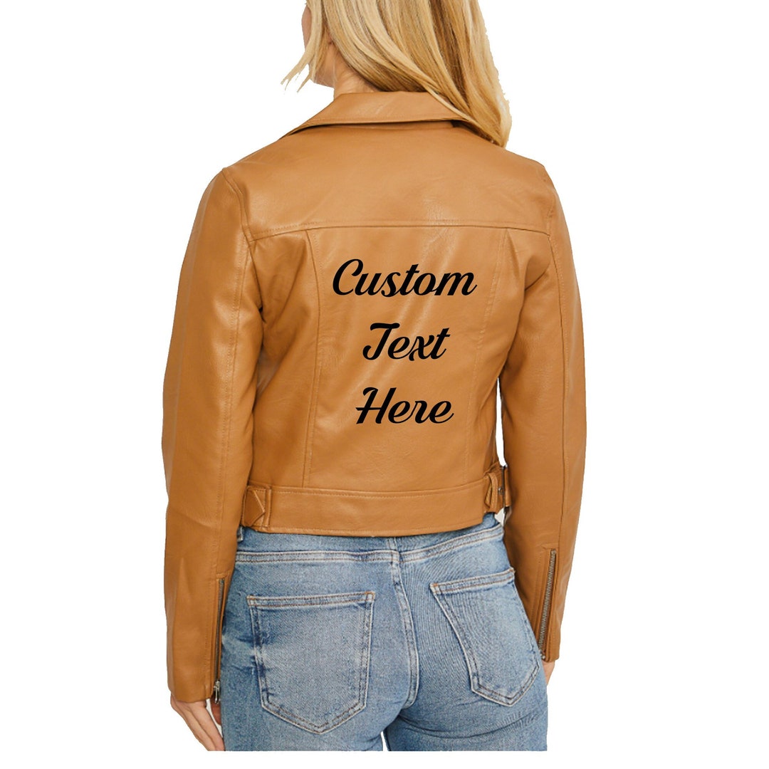 CUSTOM TEXT Camel Leather Crop Jacket- Personalize Tan Moto Faux ...