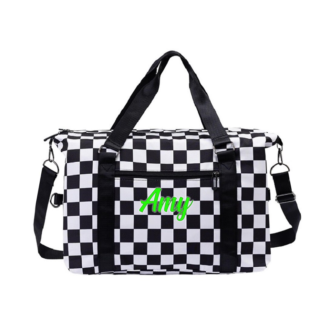 Personalized Checkered Print Duffel Bag, Custom Embroidered Large ...