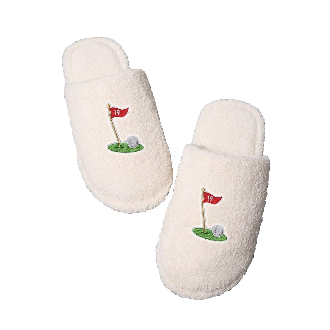 Womens Golf Patch Slippers, 19th Hole Golfing Patch on Ivory Sherpa ...