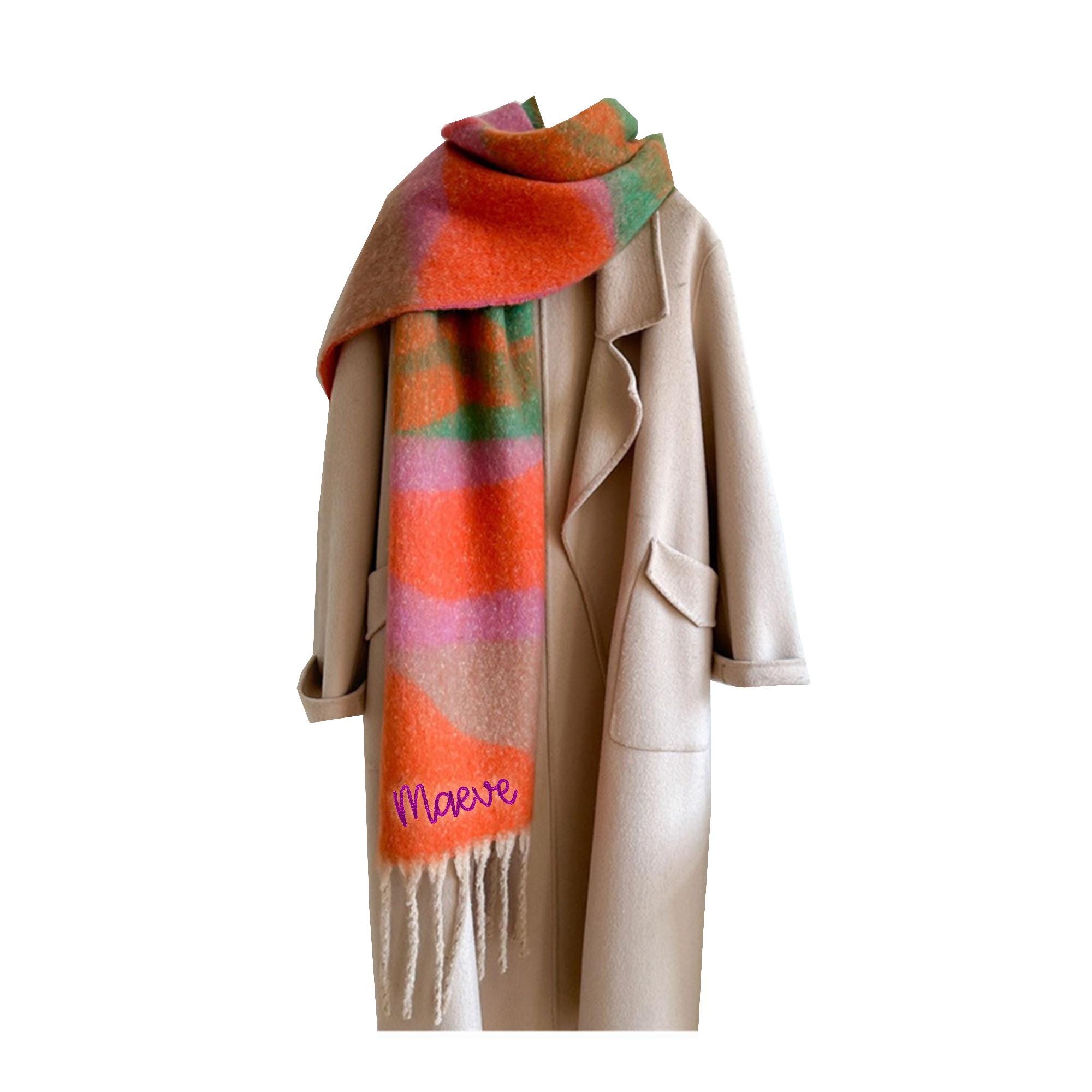 Custom Name Super Oversized Scarf, Monogram Rainbow Plaid Long Boho ...