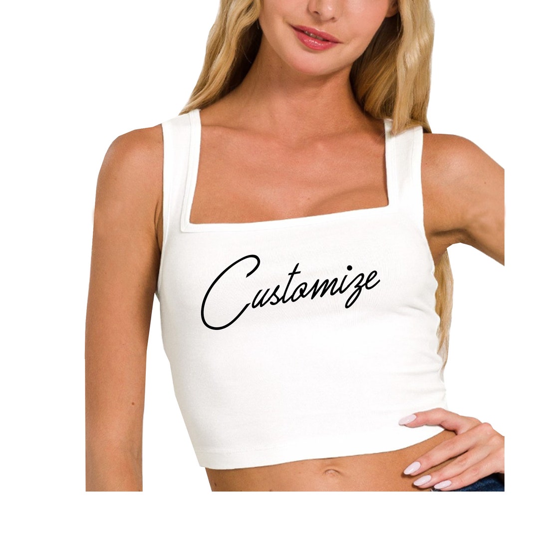 Custom Text Square Neck Cropped Tanks, Casual Scoop Square Crop ...