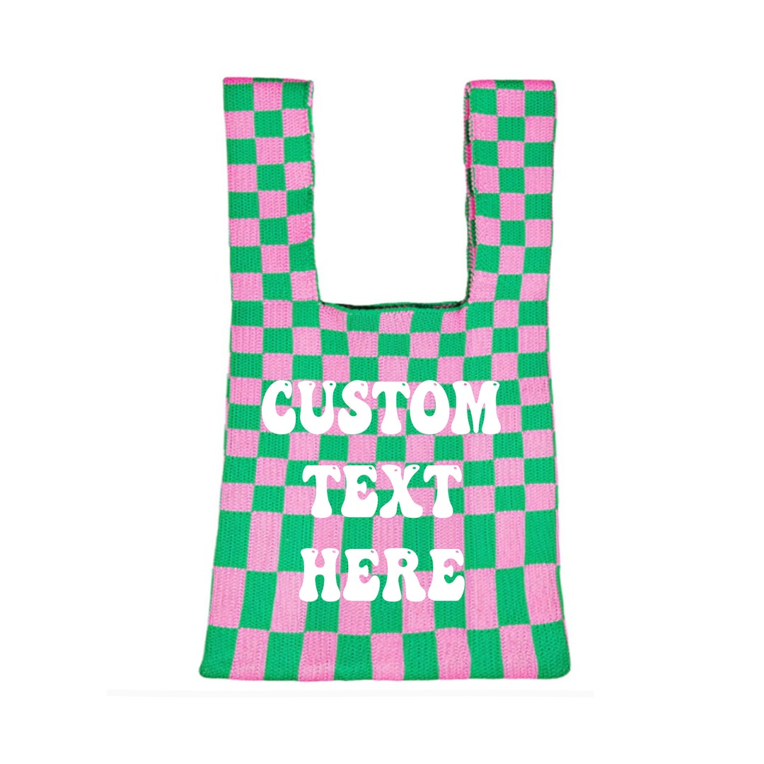 Personalized Small Checkered Pattern Knit Tote Bag, Bachelorette Retro ...