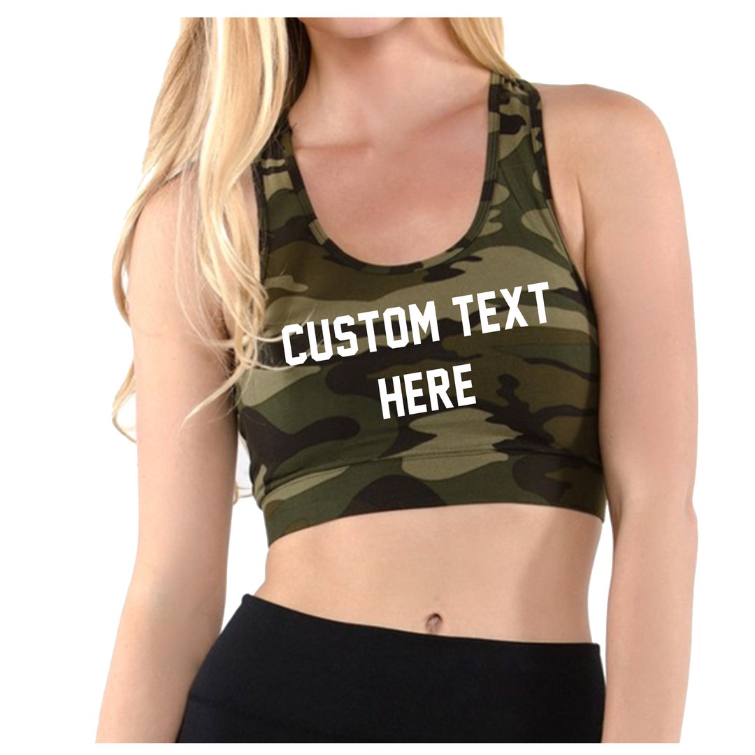 Custom Text Camo Sports Bra, Personalized Camouflage Gym Racerback Bra ...