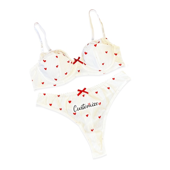 Customized Heart Lingerie Set White Ribbed Bralette and Underwear Set With Hearts Personalized Wedding Matching Bra Set Gift for Bride Etsy UK