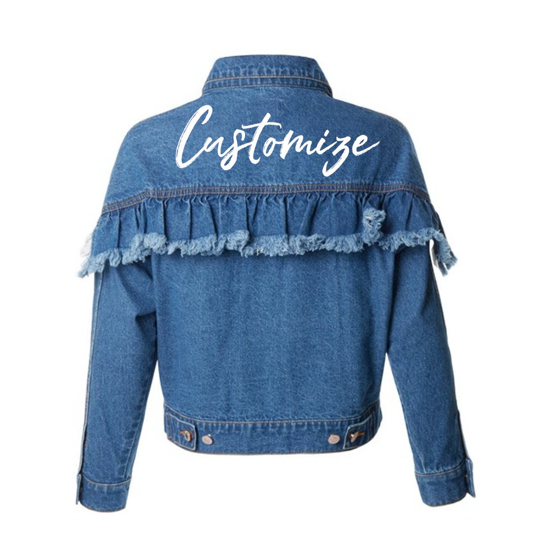 CUSTOM TEXT Ruffle Denim Jacket Mid-wash Vintage Inspired and ...