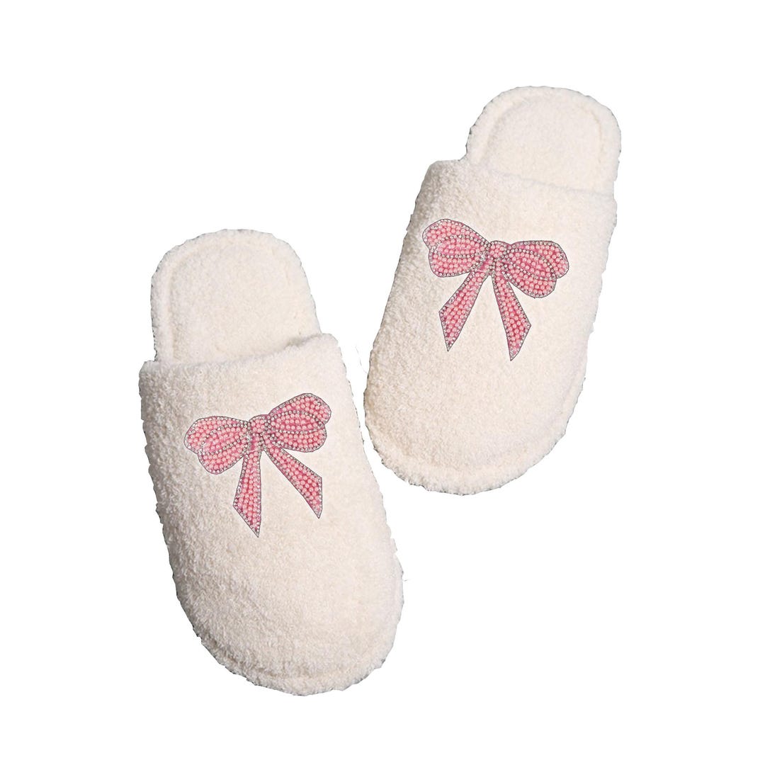 Pearl Rhinestone Bow Patch Closed Toe Slippers, Luxury Sherpa Fuzzy ...