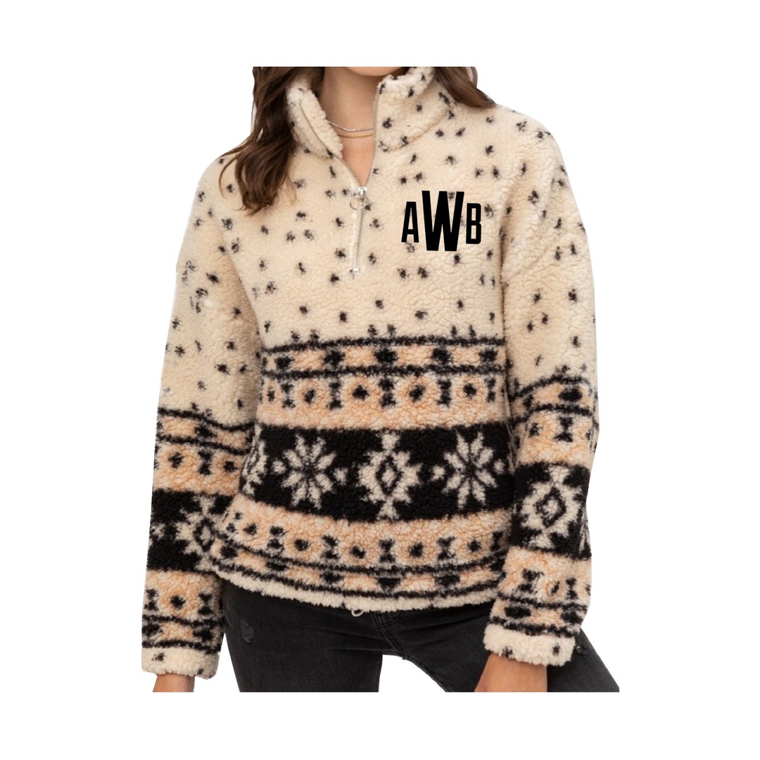 Monogram Sherpa Pullover, Womens Custom Embroidered Cream Snowflake ...