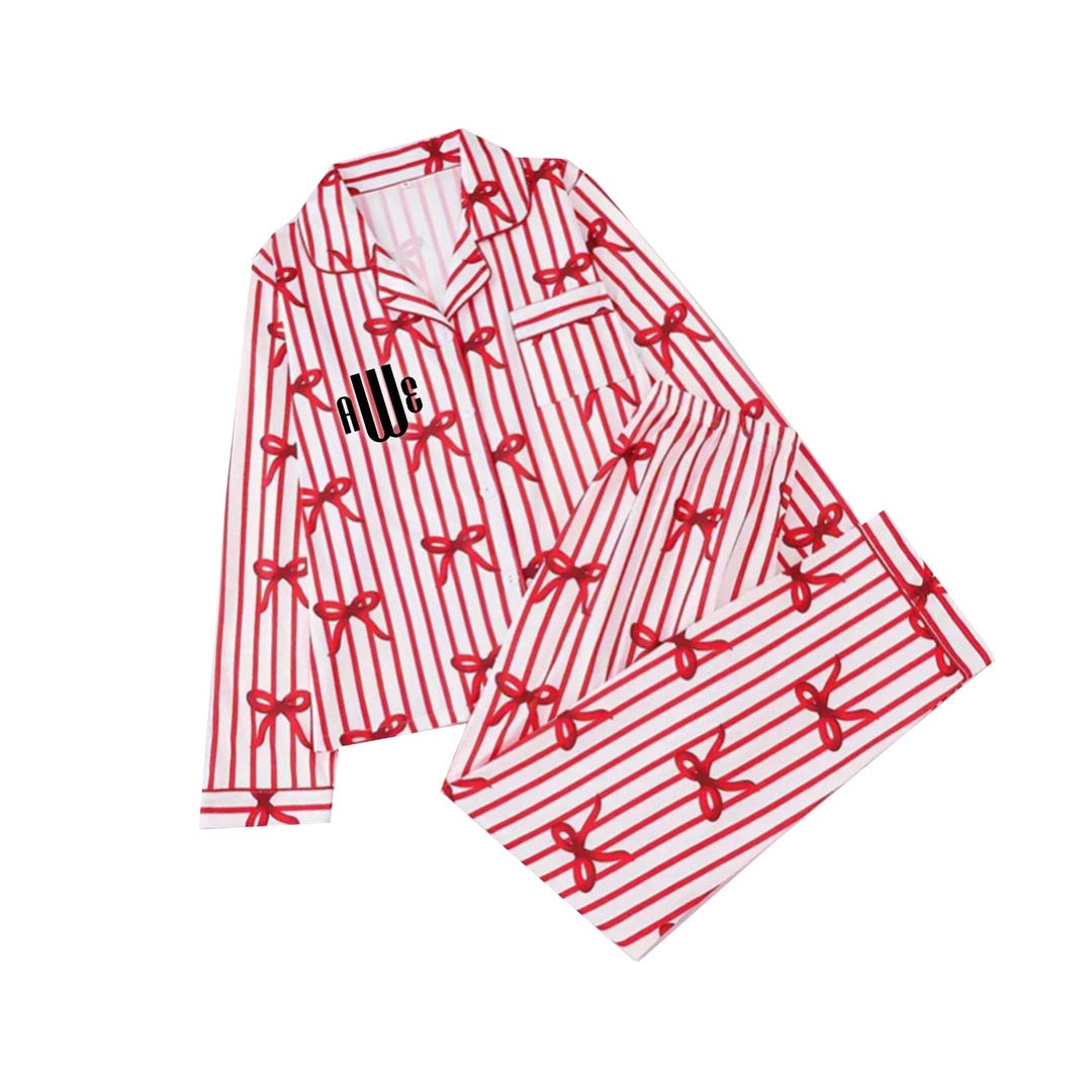 Personalized Monogram Red Bow Print Pajama Set, Womens Teens Holiday ...
