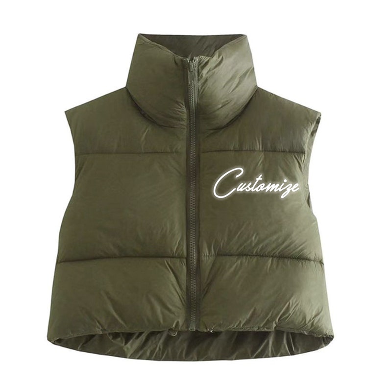 Custom Text Crop Puffer Vest, Personalized Padded Zip up Vest, Business ...