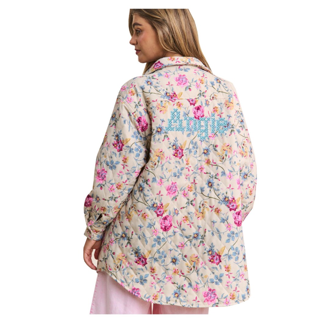 Custom Oversized Beige Floral Quilted Jacket, Personalized Embroidered ...