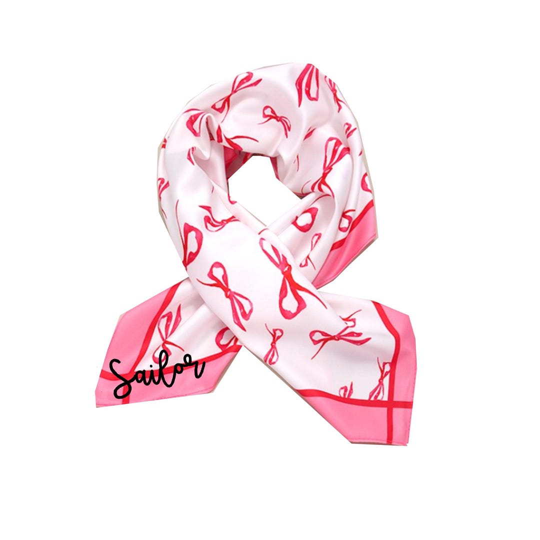 Custom Text Pink Bows Satin Scarf, Personalized Ribbon Bow Bandana ...