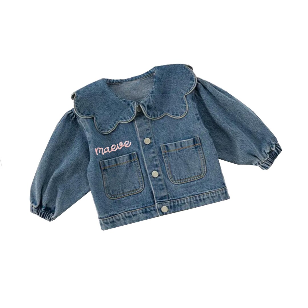 Customized Girls Scalloped Collar Button up Denim Jacket, Embroidered ...