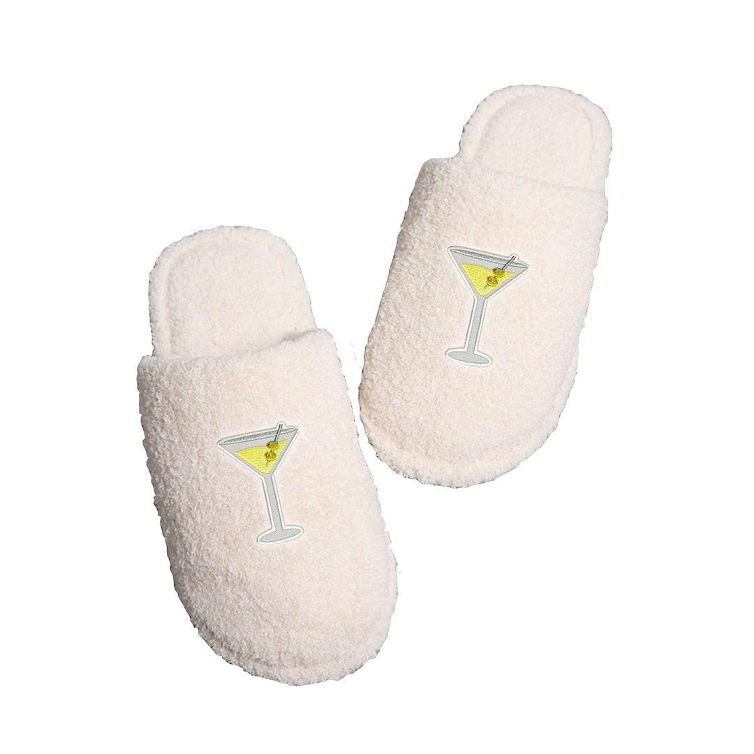 Womens Martini Patch Slippers, Olive Dirty Martini Glass Patch on Ivory ...