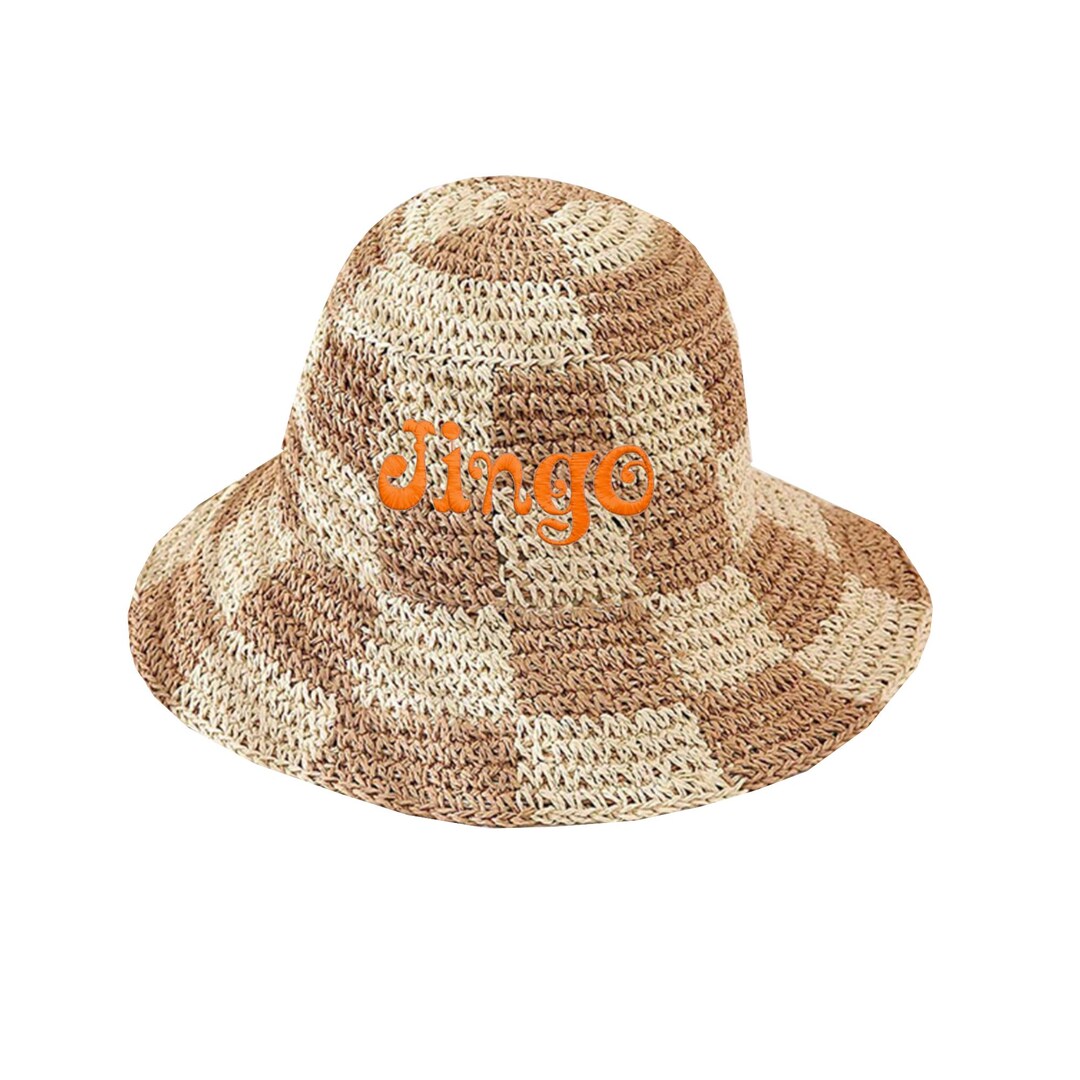 Personalized Checkered Straw Bucket Hat, Custom Monogram Name Check ...